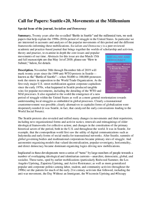 (PDF) Call for Papers - Seattle+20 Movements at the Millennium