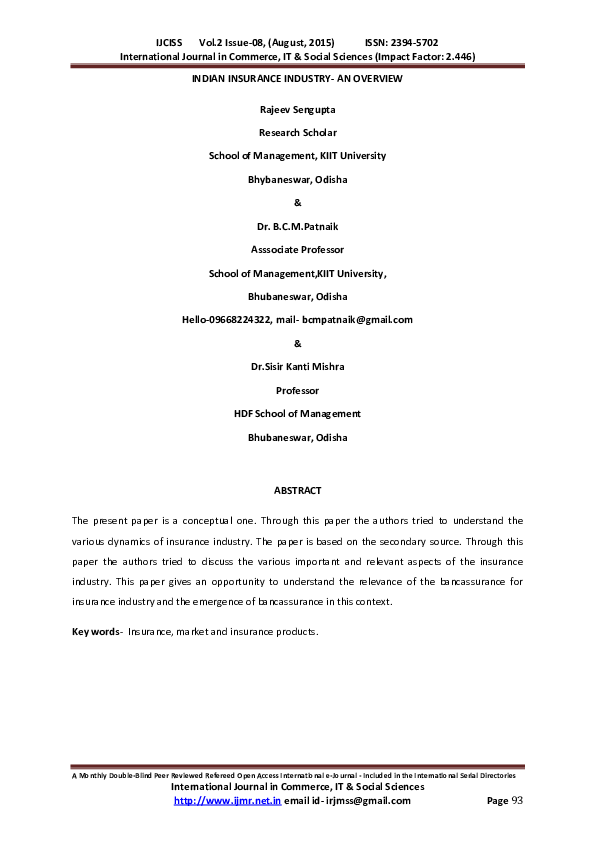 (PDF) INDIAN INSURANCE INDUSTRY- AN OVERVIEW | Journal ijmr.net.in(UGC ...