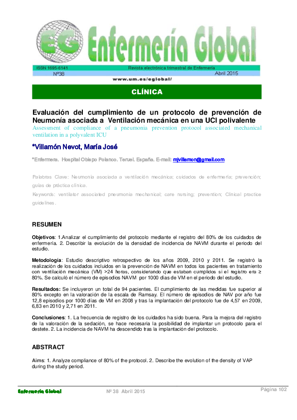 (PDF) Cumplimiento de protocolo de prevencion neumonia vm