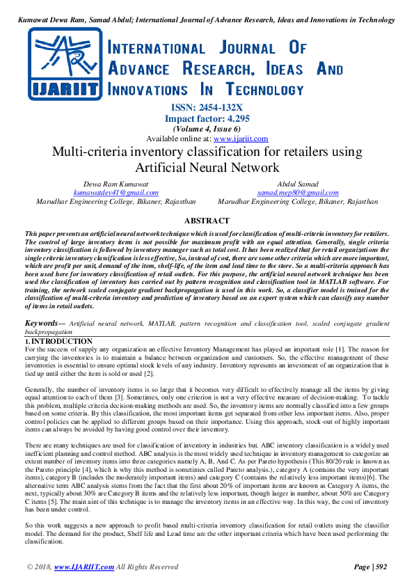 (PDF) Multi-criteria inventory classification for retailers using Artificial Neural Network