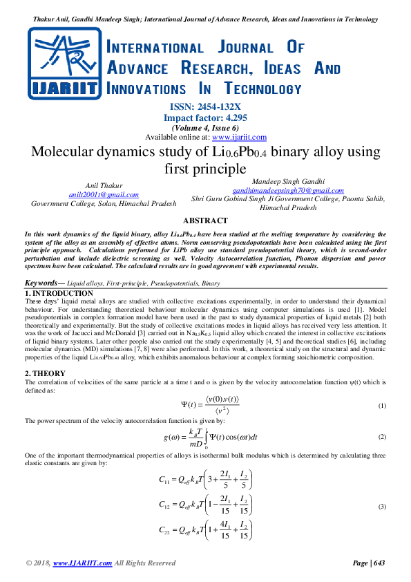(PDF) Molecular dynamics study of Li0.6Pb0.4 binary alloy using first principle