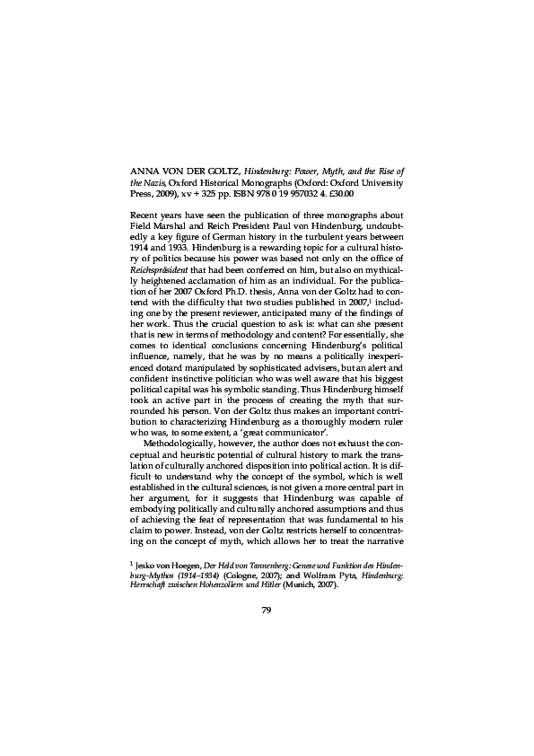 (PDF) Wolfram Pyta: review of Anna von der Goltz, Hindenburg: Power ...