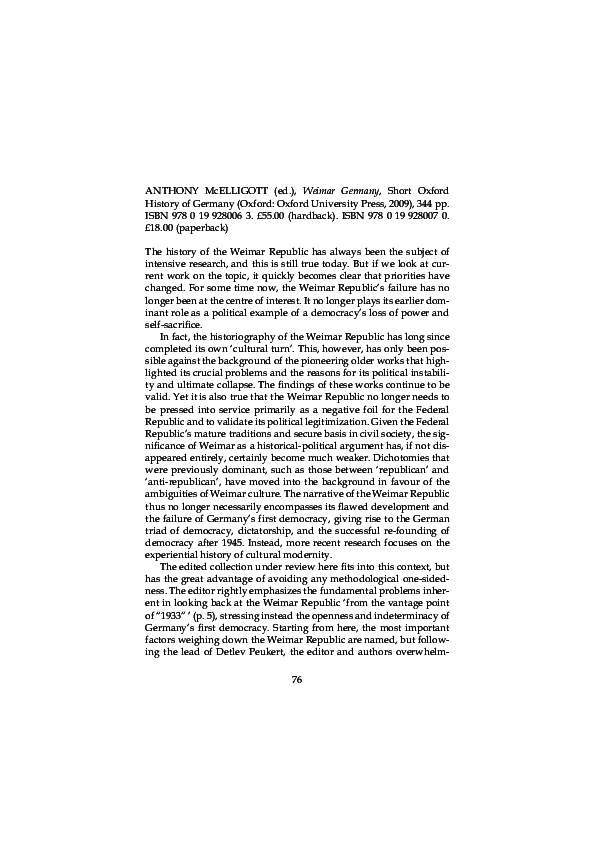 (PDF) Andreas Wirsching: review of Anthony McElligott (ed.), Weimar Germany