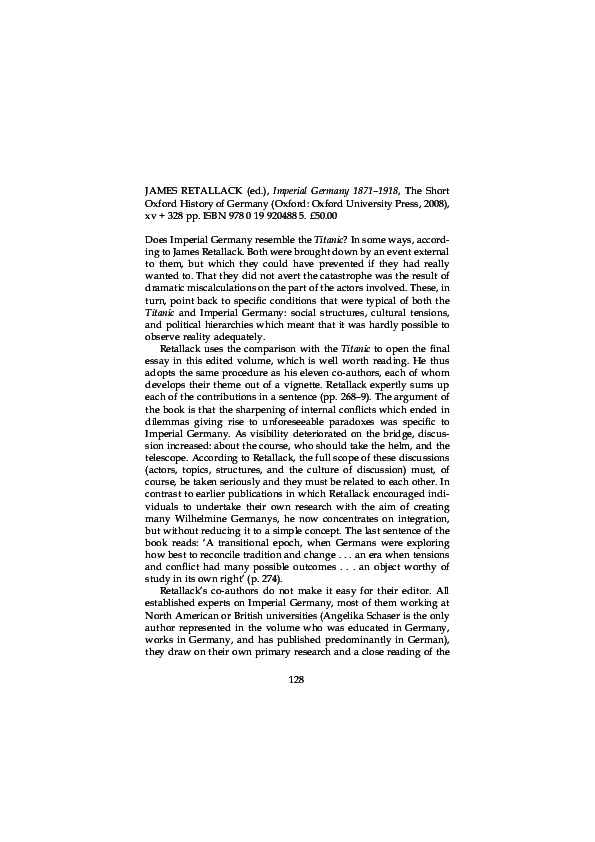 (PDF) Ewald Frie: review of James Retallack (ed.), Imperial Germany ...