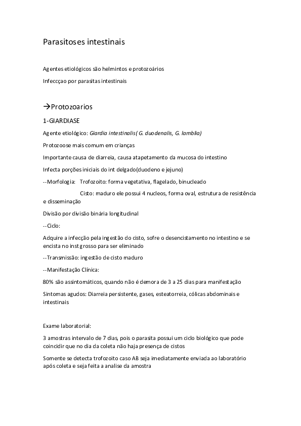 (DOC) Parasitoses intestinais