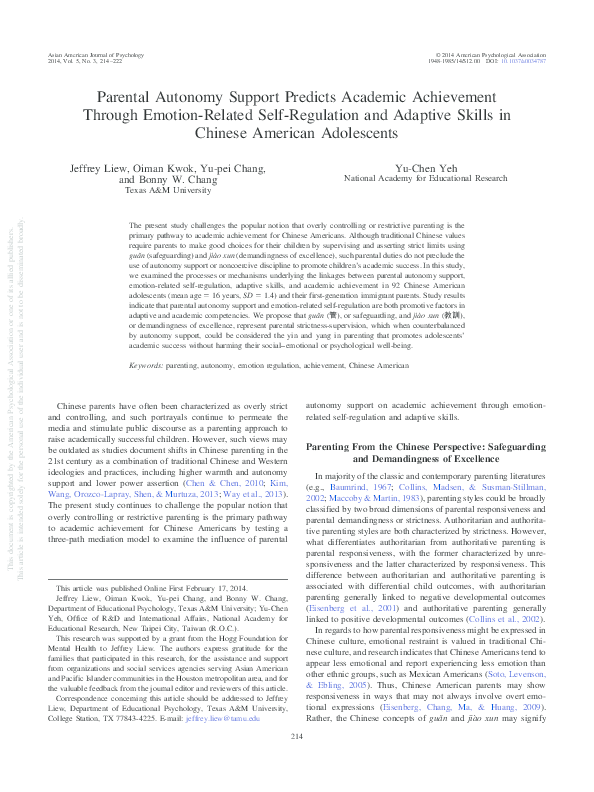 (PDF) Parental autonomy support predicts academic achievement through emotion-related self ...