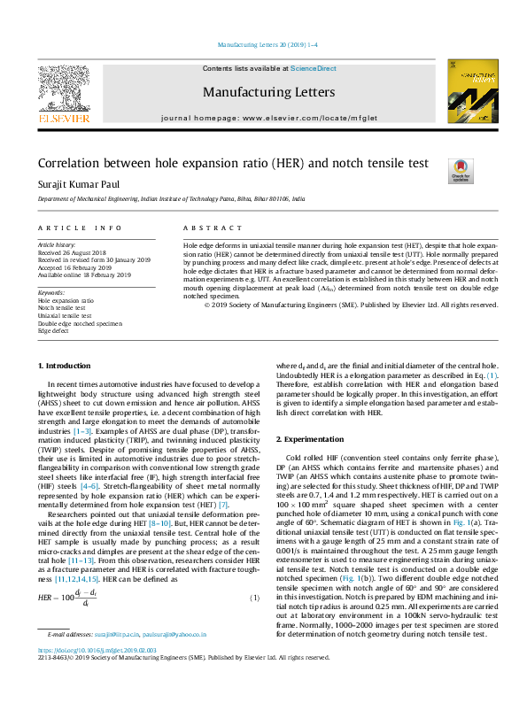 (PDF) Correlation between hole expansion ratio (HER) and notch tensile test