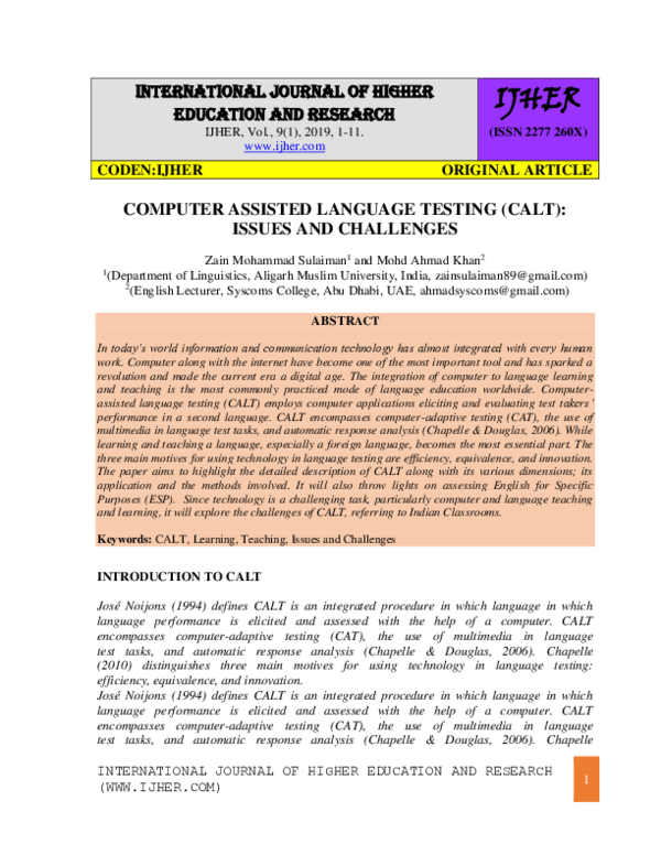(PDF) COMPUTER ASSISTED LANGUAGE TESTING (CALT) ISSUES AND CHALLENGES