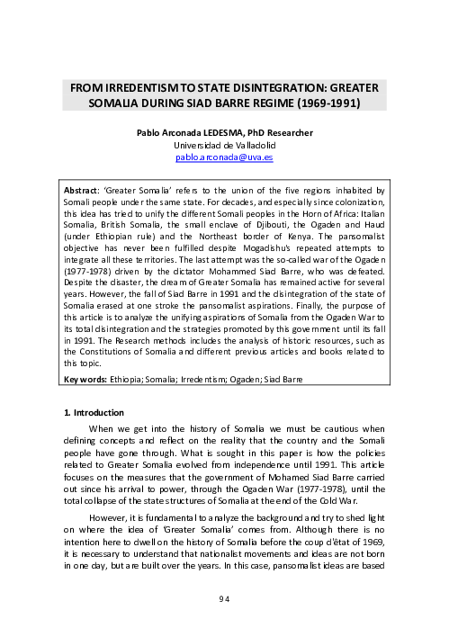 (PDF) From irredentism to state disintegration. Greater Somalia during ...