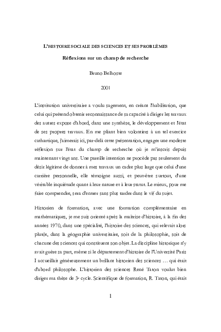(PDF) L'histoire sociale des sciences et ses problèmes. Réflexions sur ...
