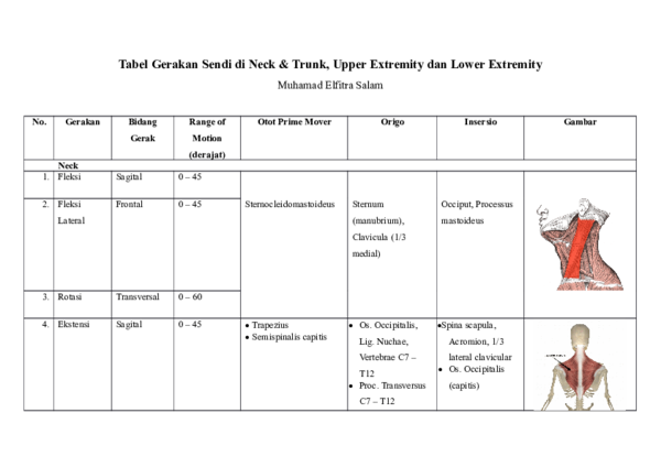 (DOC) Tabel Gerakan Sendi di Neck, Trunk, Upper & Lower Extremity