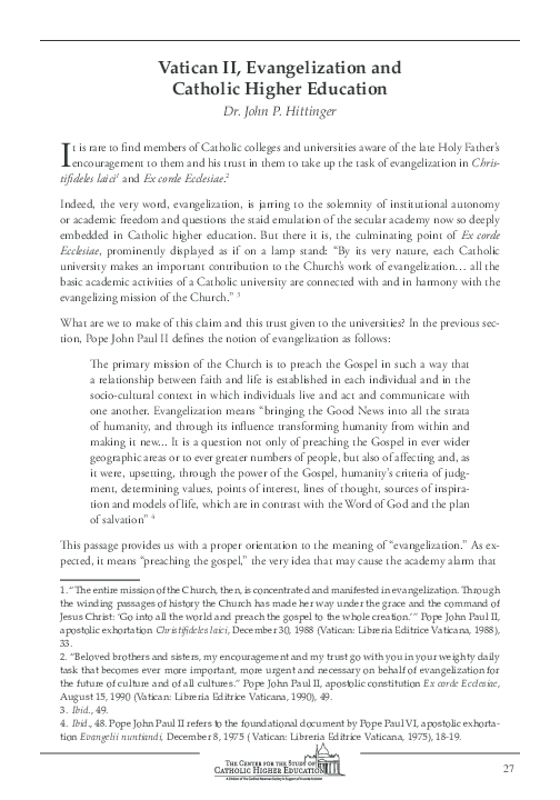 (PDF) Vatican II, Evangelization and Catholic Higher Education