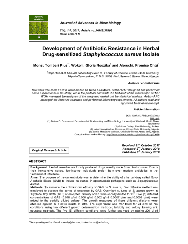 (PDF) Development of Antibiotic Resistance in Herbal Drug-sensitized Staphylococcus aureus Isolate
