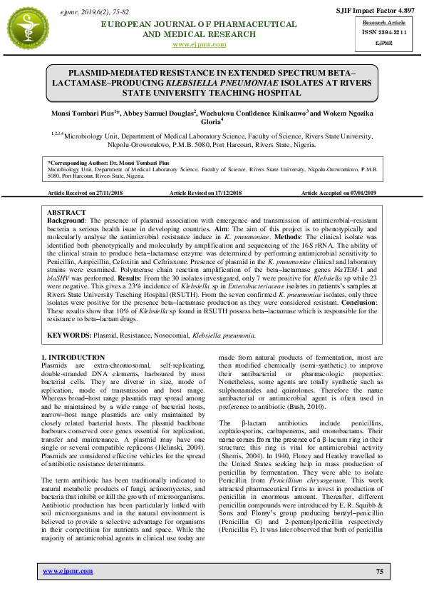 (PDF) Plasmid-Mediated Resistance in Extended Spectrum Beta–Lactamase–Producing Klebsiella ...