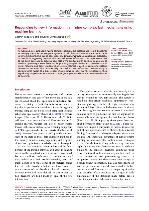 (PDF) Responding to new information in a mining complex: fast mechanisms using machine learning