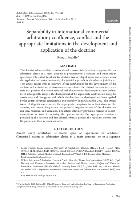 (PDF) Separability in International Commercial Arbitration; Confluence ...