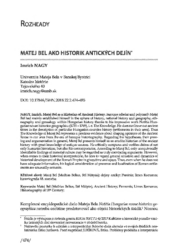 (PDF) Matej Bel ako historik antických dejín=Matej Bel as a historian ...