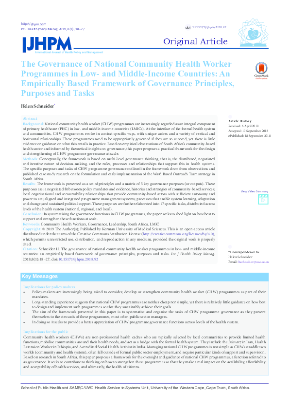 (PDF) The Governance of National Community Health Worker Programmes in ...