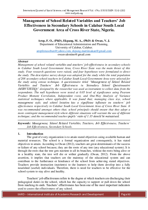 (PDF) Management of School Related Variables and Teachers’ Job Effectiveness in Secondary ...