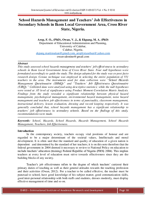 (PDF) School Hazards Management and Teachers’ Job Effectiveness in Secondary Schools in Ikom ...