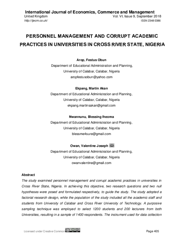 (PDF) Personnel management and corrupt academic practices in universities in Cross River State ...