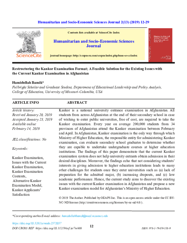 (PDF) Restructuring the Kankor Examination Format; A Feasible Solution ...