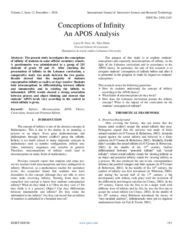 (PDF) Conceptions of Infinity. An APOS analysis
