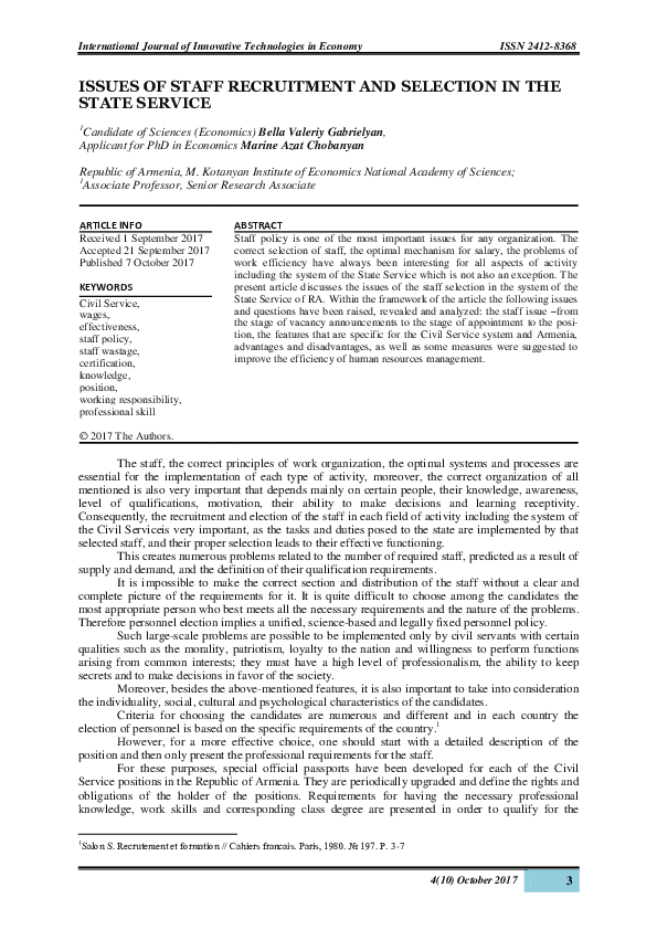 (PDF) ISSUES OF STAFF RECRUITMENT AND SELECTION IN THE STATE SERVICE