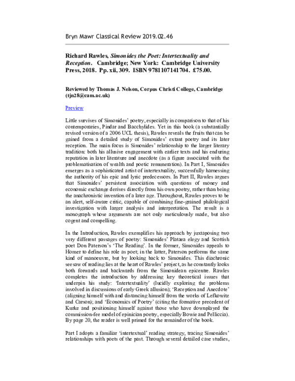 (PDF) Review of R. Rawles, "Simonides the Poet: Intertextuality and ...