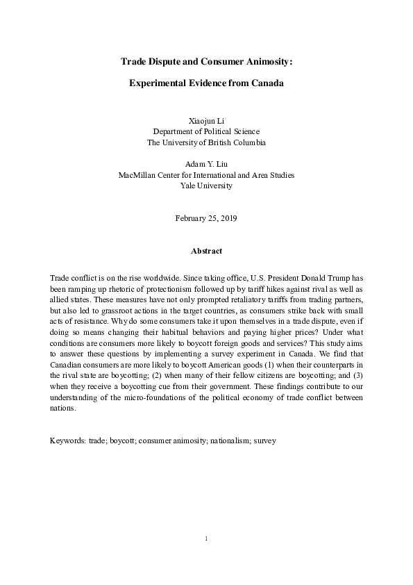 (PDF) Trade Dispute and Consumer Animosity: Experimental Evidence from ...