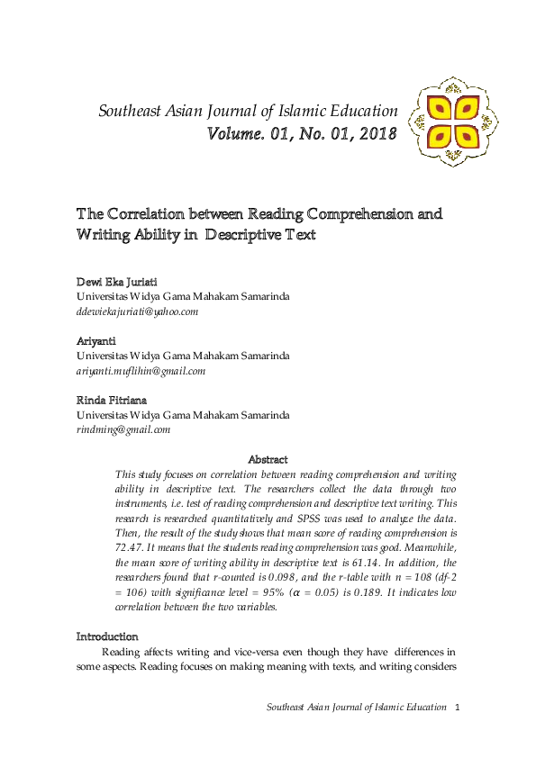 (PDF) The Correlation between Reading Comprehension and Writing Ability in Descriptive Text