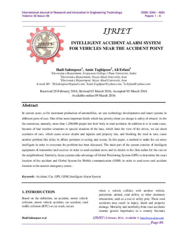 (PDF) INTELLIGENT ACCIDENT ALARM SYSTEM FOR VEHICLES NEAR THE ACCIDENT ...