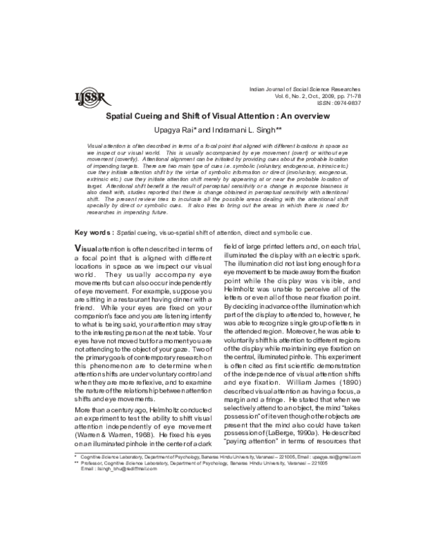 (PDF) Spatial Cueing and Shift of Visual Attention: An overview