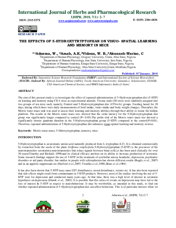 (PDF) THE EFFECTS OF 5-HYDROXYTRYPTOPHAN ON VISUO- SPATIAL LEARNINGAND MEMORY IN MICE