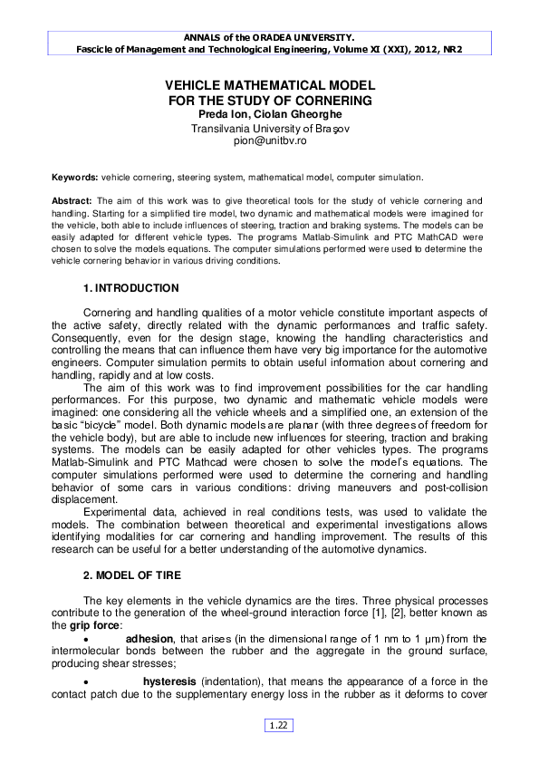 (PDF) Vehicle Mathematical Model for the Study of Cornering