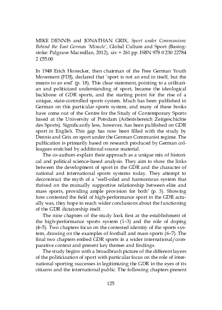 (PDF) Uta Balbier: review of Mike Dennis and Jonathan Grix, Sport under ...