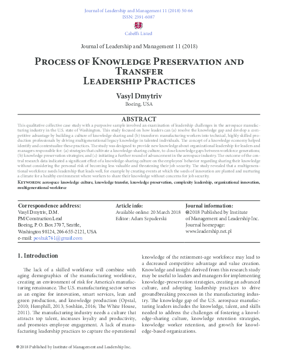 (PDF) Process of Knowledge Preservation and Transfer Leadership Practices