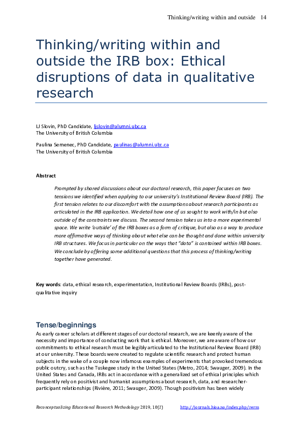 (PDF) Thinking/writing within and outside the IRB box: Ethical ...
