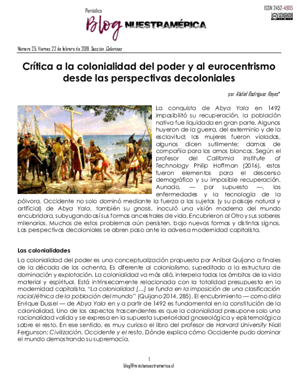 (PDF) Crítica a la colonialidad del poder y al eurocentrismo desde las ...