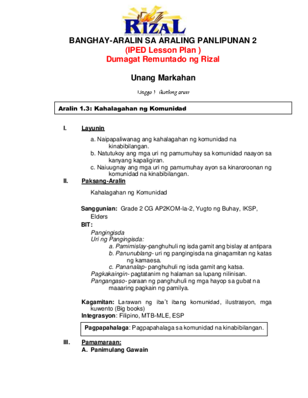 (PDF) . IPED AP 2 Lesson Plan Aralin 1.3 Kahalagahan ng Komunidad