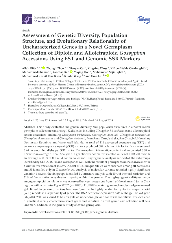 (PDF) Assessment of Genetic Diversity, Population Structure, and Evolutionary Relationship of ...