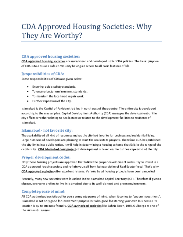 (DOC) CDA Approved Housing Societies Why They Are Worthy | The Aquatic ...