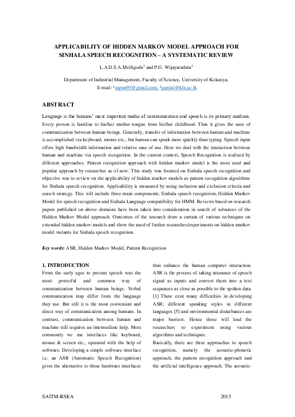 Pdf Hidden Markov Model For Sinhala Speech Recognition