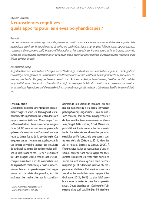 (PDF) Neurosciences cognitives : quels apports pour les élèves polyhandicapés ? La pédagogie ...