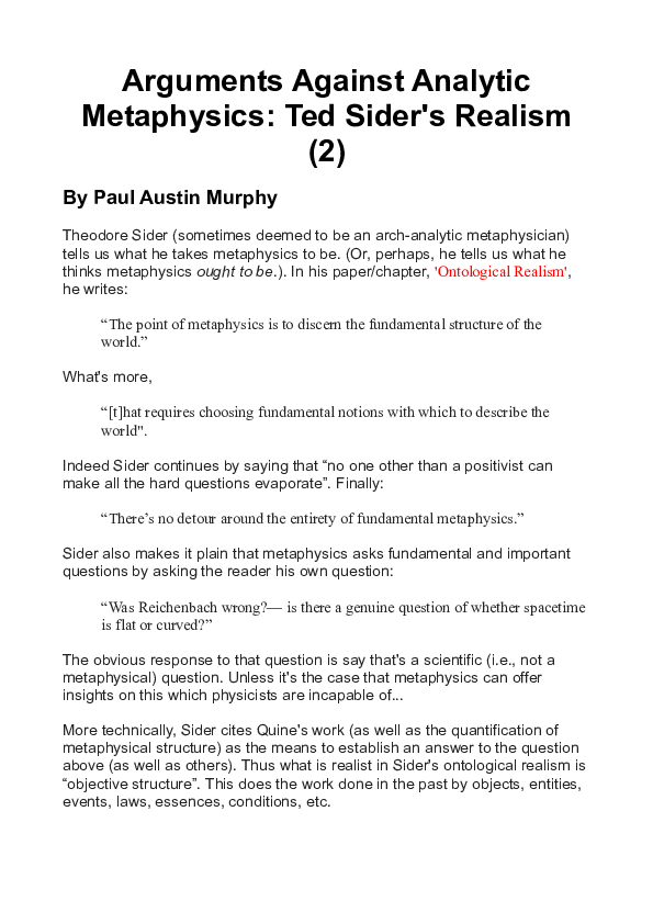 (DOC) Arguments Against Analytic Metaphysics: Ted Sider's Realism (2)