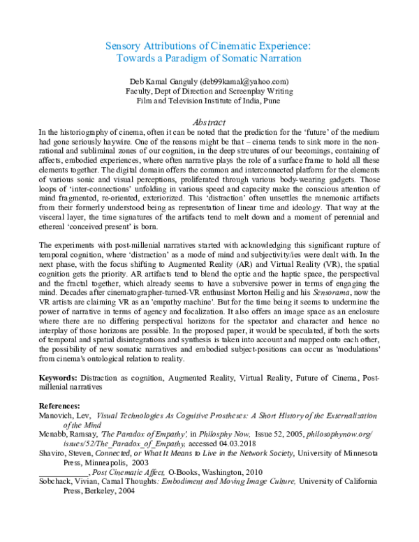 (PDF) Sensory Attributions of Cinematic Experience: Towards a Paradigm ...
