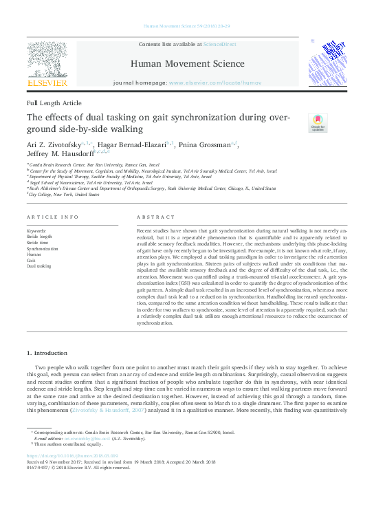 Pdf The Effects Of Dual Tasking On Gait Synchronization During Over Ground Side By Side Walking