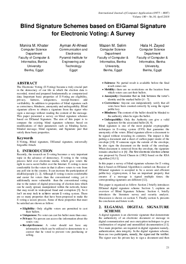 (PDF) Blind Signature Schemes based on ElGamal Signature for Electronic Voting: A Survey