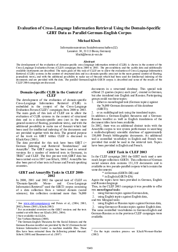 (PDF) Evaluation of Cross-Language Information Retrieval Using the Domain-Specific GIRT Data as ...