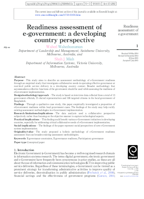 (PDF) Readiness assessment of e-government: a developing country ...